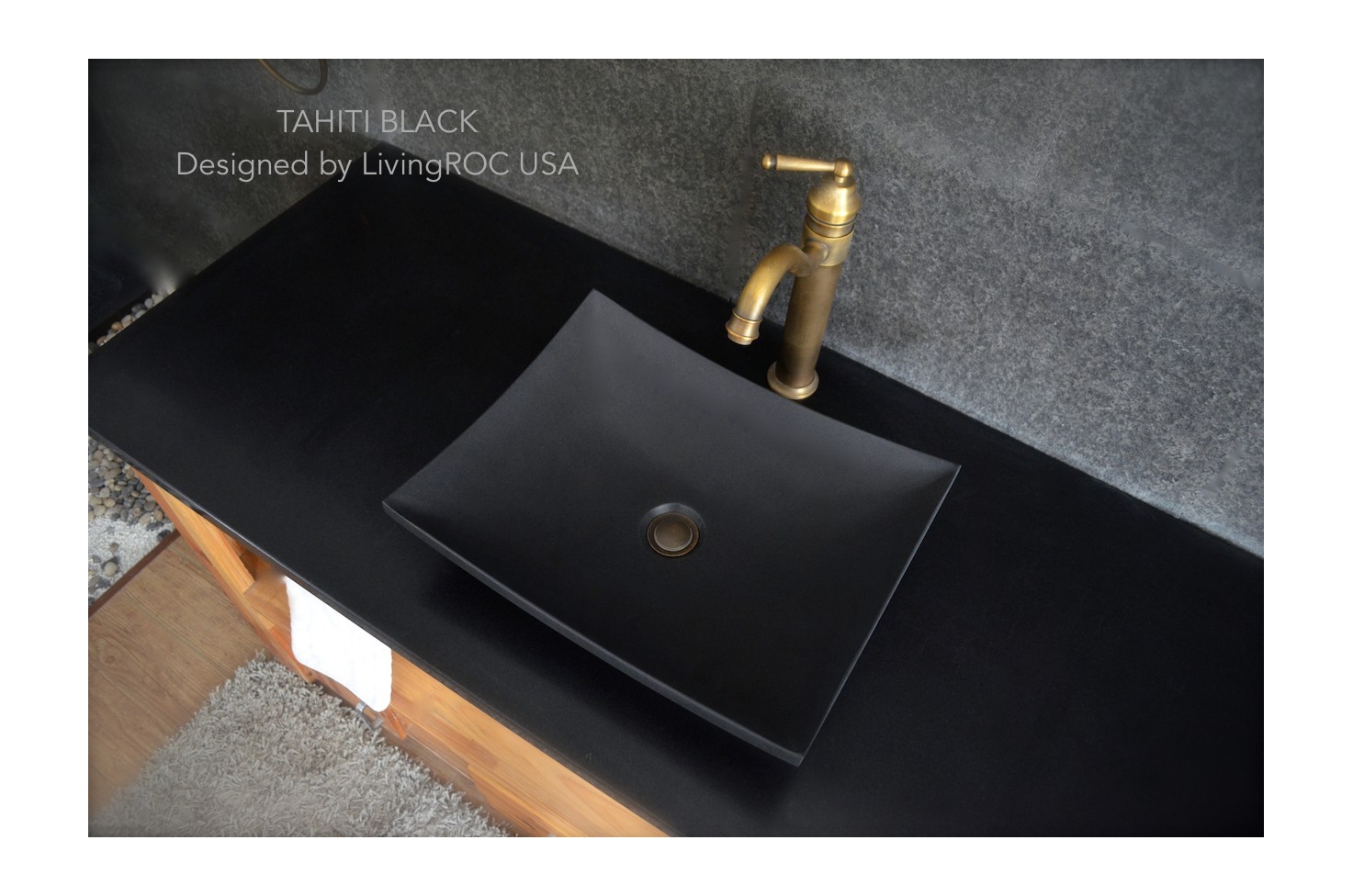 Vasque ronde en pierre naturelle et vrai granit noir 40x11 LEAF SHADOW